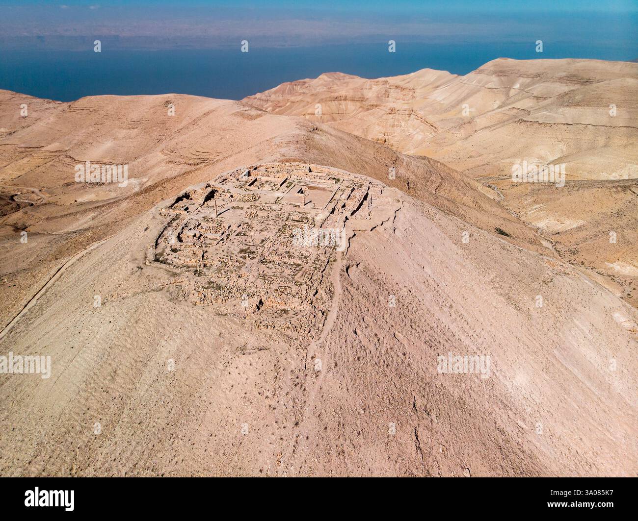 Top down view of the Biblical city of Machaerus with the Dead Sea in ...