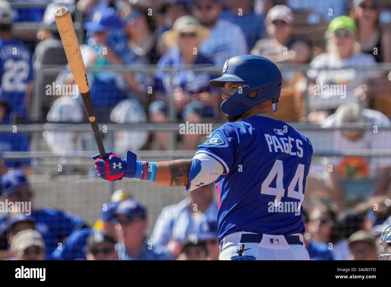 Los Angeles Dodgers outfielder Andy Pages (44) bats during a spring ...
