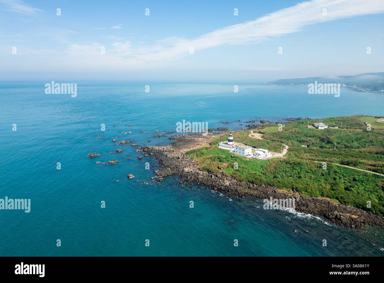Aerial view of Fuguijiao Lighthouse at Cape Fugui in New Tapei city ...