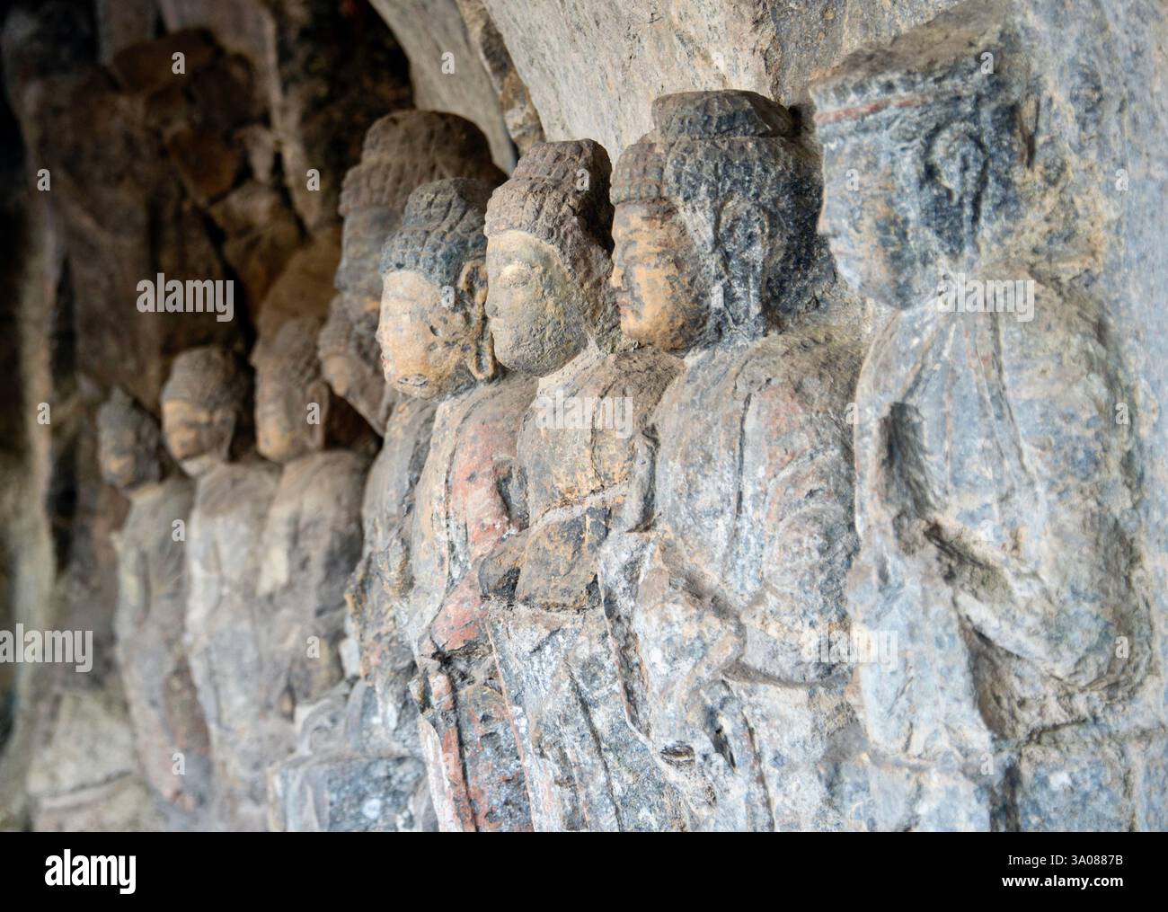 Photo shows the "Magaibutsu" Buddhist statues on the Kunisaki Peninsula ...
