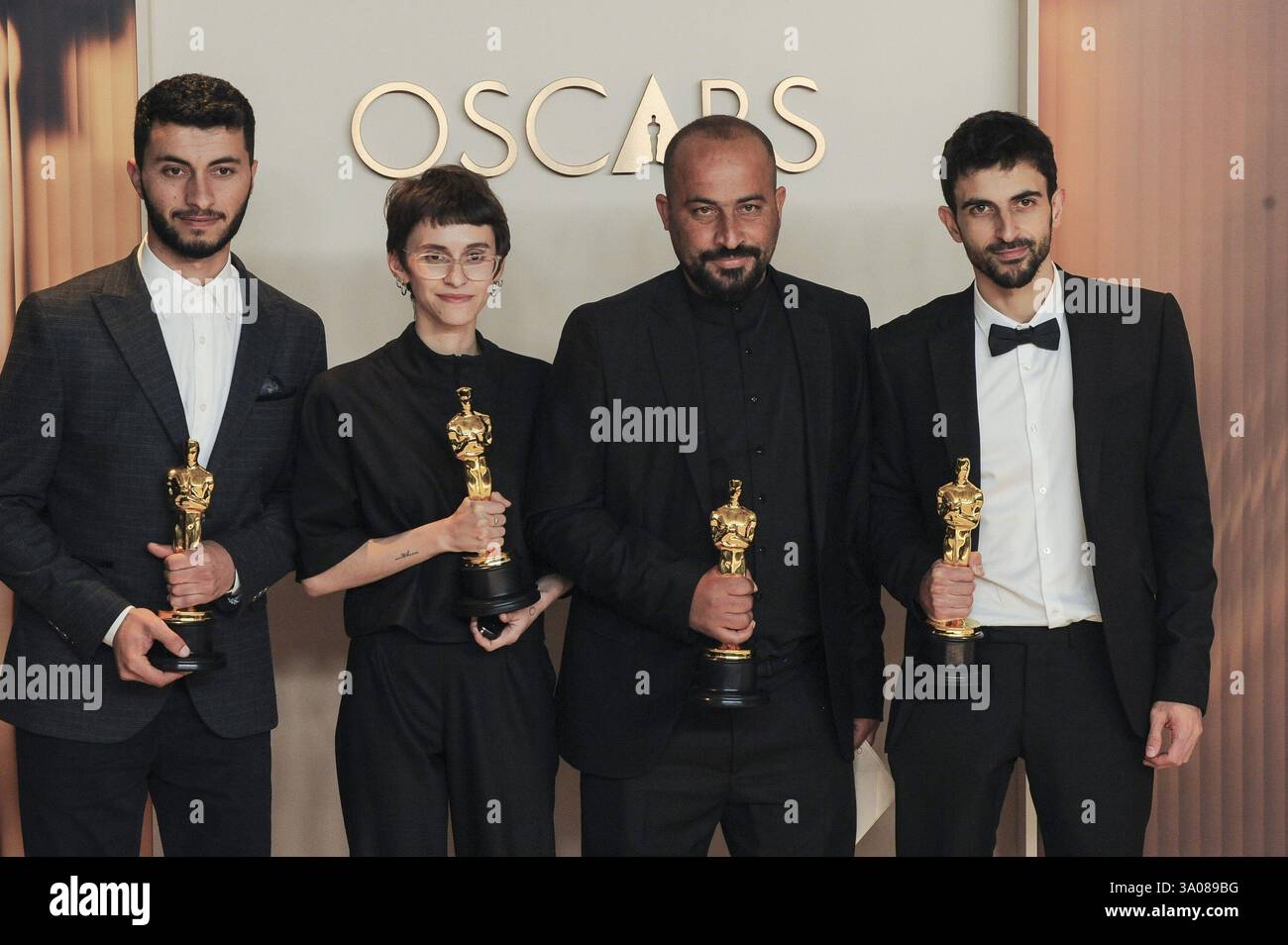 Basel Adra, Rachel Szor, Hamdan Ballal, Yuval Abraham in the press room ...
