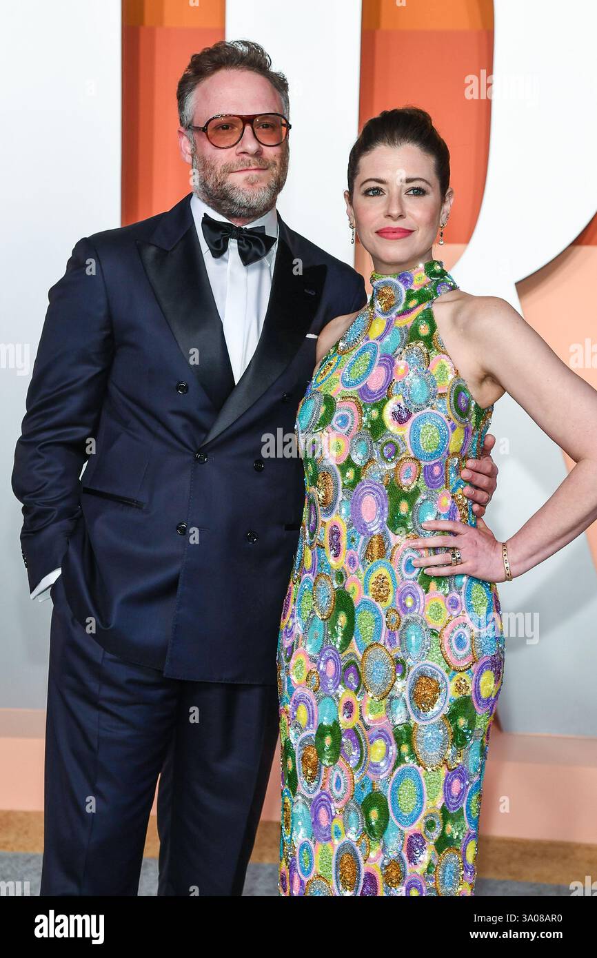 USA. 02nd Mar, 2025. Seth Rogen and Lauren Miller Rogen walking on the ...