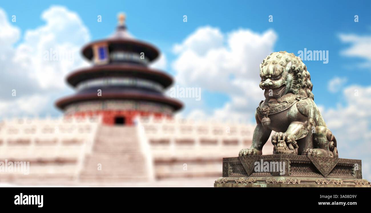 Horizontal banner with Temple of Heaven and ancient chinese lion statue ...