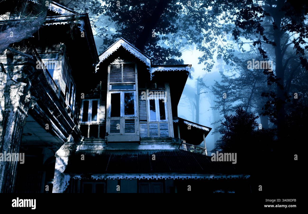 Horizontal Halloween banner with haunted house. Old abandoned house in ...