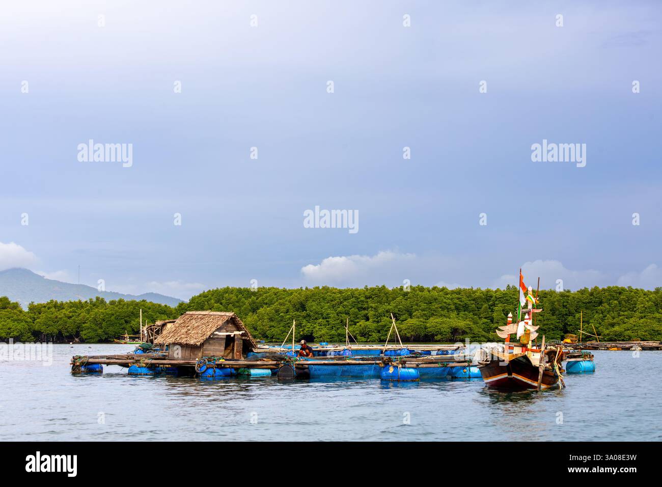 Fisherman and His Boat on Traditional Floating Fishery Structure ...