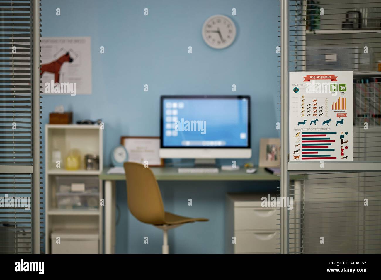 Background shot of modern veterinarian workplace with dog infographics ...