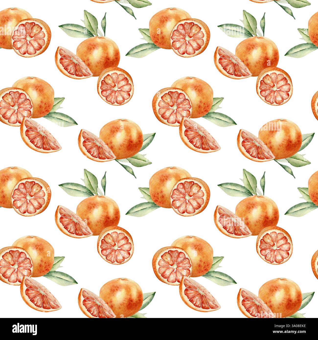 Grapefruits whole and segments by watercolor on repeated pattern isolated. Red oranges and ...