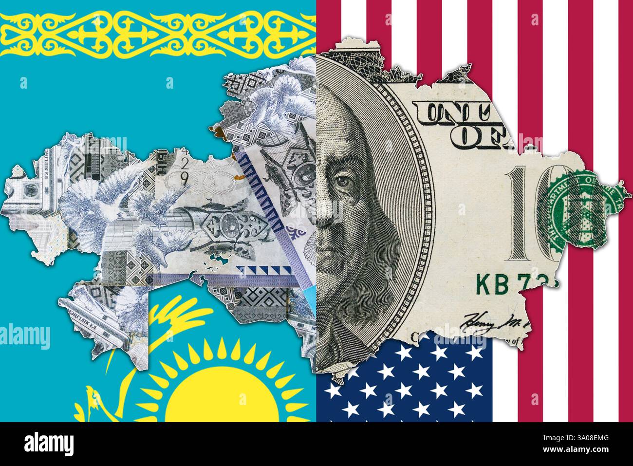 Map of Kazakhstan with tenge and 100 US dollar bills. Against the ...