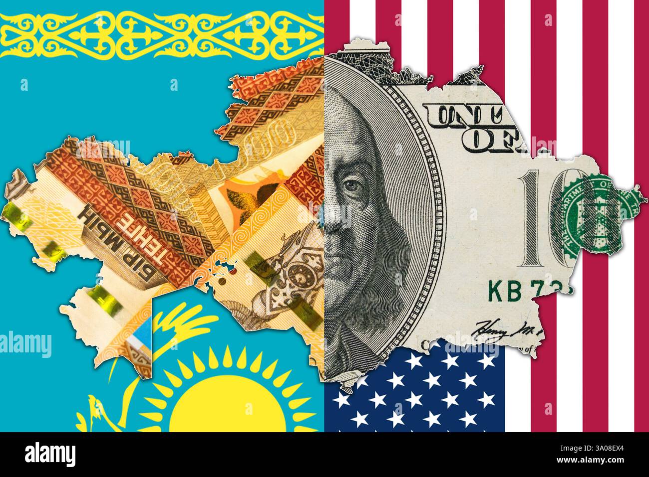 Map of Kazakhstan with banknotes of tenge and 100 US dollars. Against ...