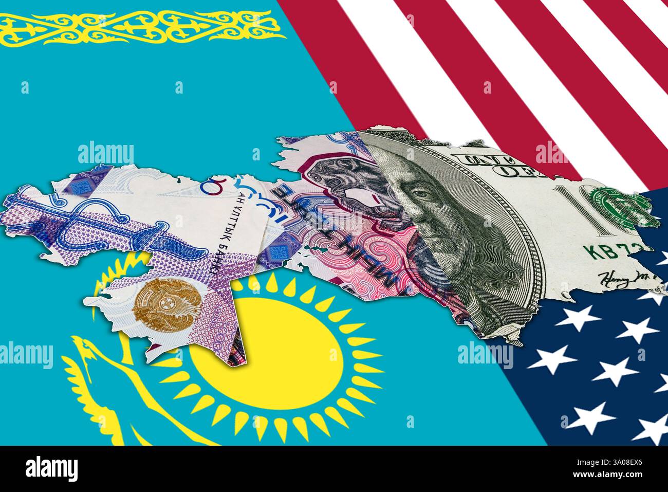 Map of Kazakhstan with a fragment of tenge and US dollar bills. Against ...