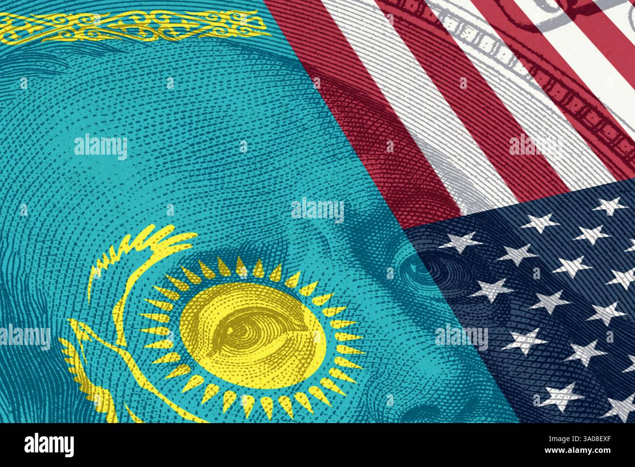 On the flag of Kazakhstan and the United States portrait of Benjamin ...