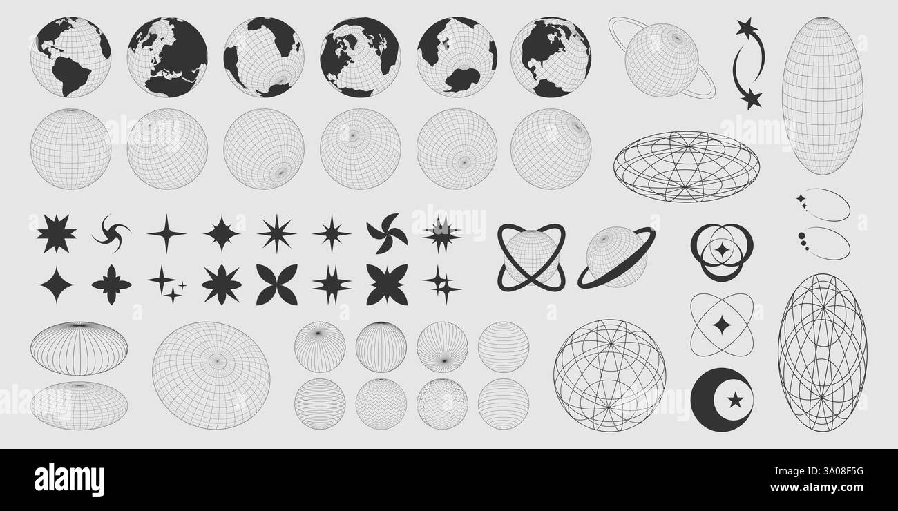 Y2k globe shapes and geometric elements set. Collection of various 90s ...