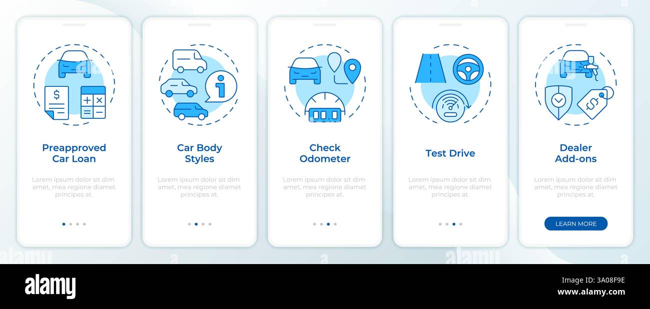 Car buying process blue onboarding mobile app screen Stock Vector Image ...