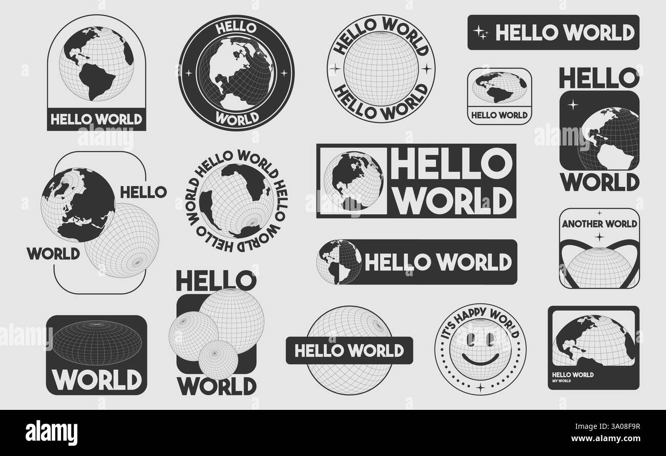 Y2k globe stickers with Hello World text in different layouts ...