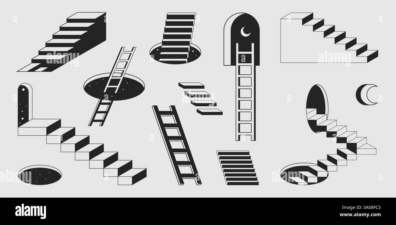 Retro ladder and stairway illustrations with geometric shapes in black ...