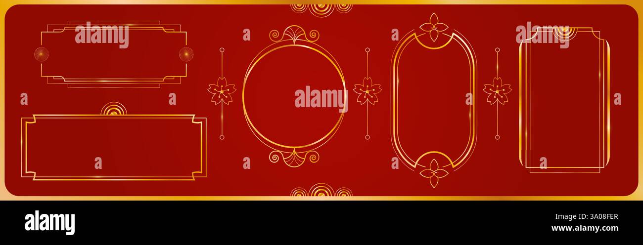 Asian golden frames set isolated on red background. Vector realistic ...