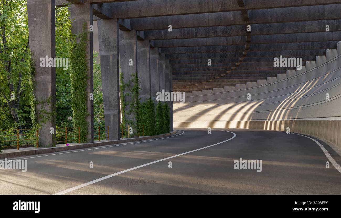 empty curved asphalt road under bridge with concrete beams and green ...