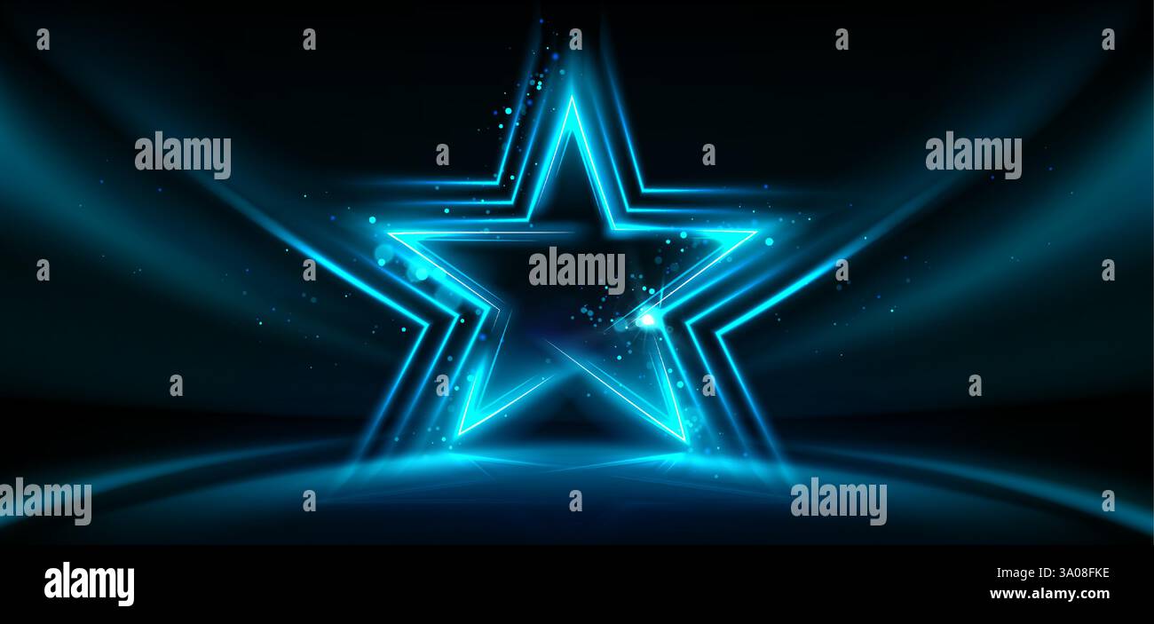 Neon star stage with glowing blue light effects and particles on dark ...