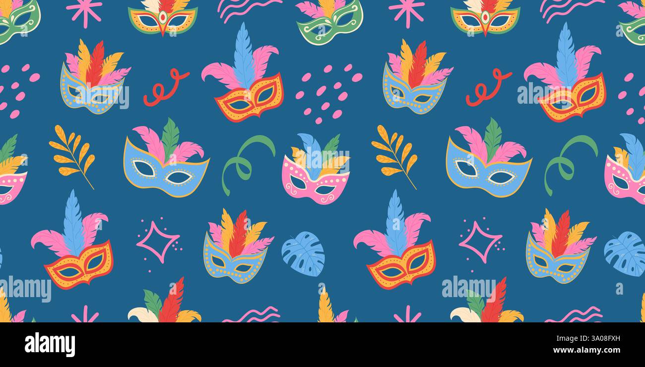 Carnival masks with feathers. Seamless pattern with masquerade and ...