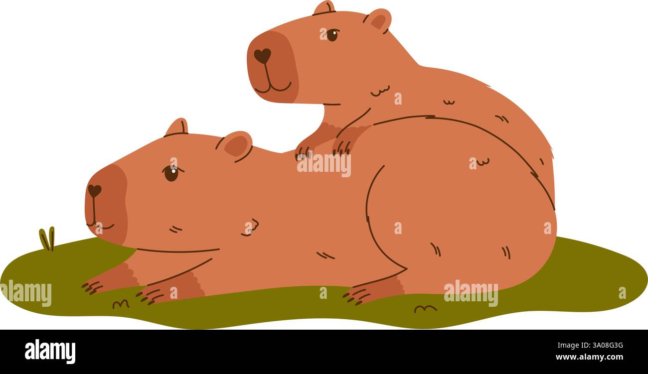 Cute capybara characters. Exotic rodents play on the grass. Hand drawn ...