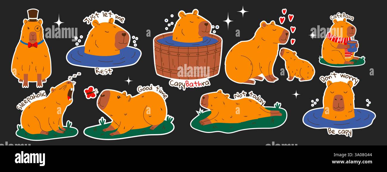 Capybara stickers set with text. Set of rodent characters swimming in ...