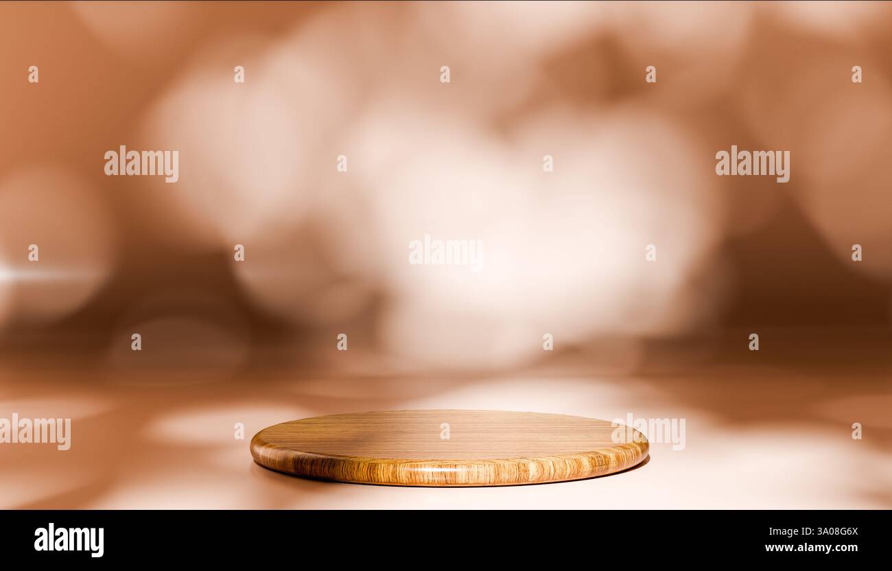 Wooden pedestal for product placement with elegant blurred background ...