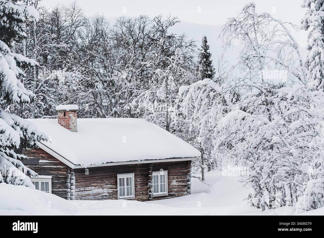 A cozy cabin sits peacefully amid a heavy snowfall in a Swedish forest ...
