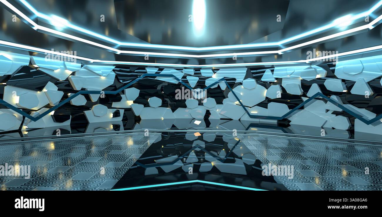 Modern empty showcase space with glowing hexagonal wall, futuristic sci ...