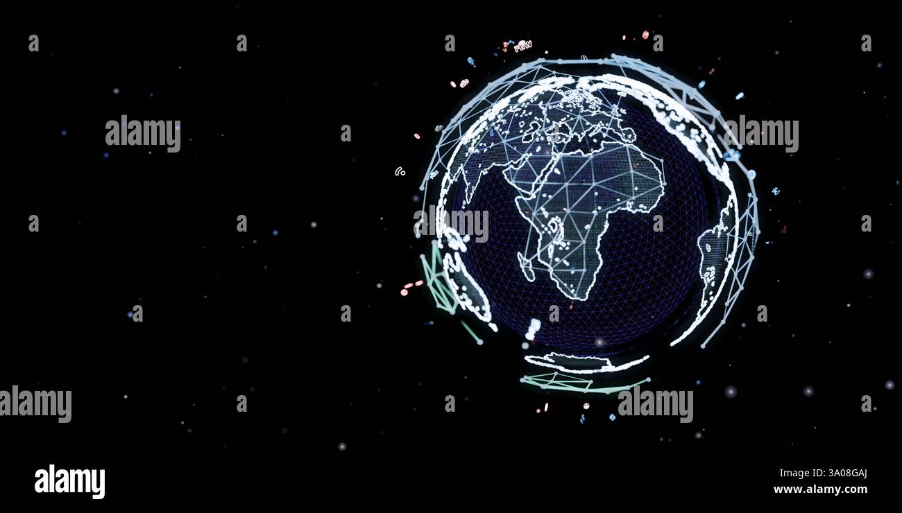 Futuristic 3D Earth hologram floating in deep black space, glowing wireframe continents, digital ...