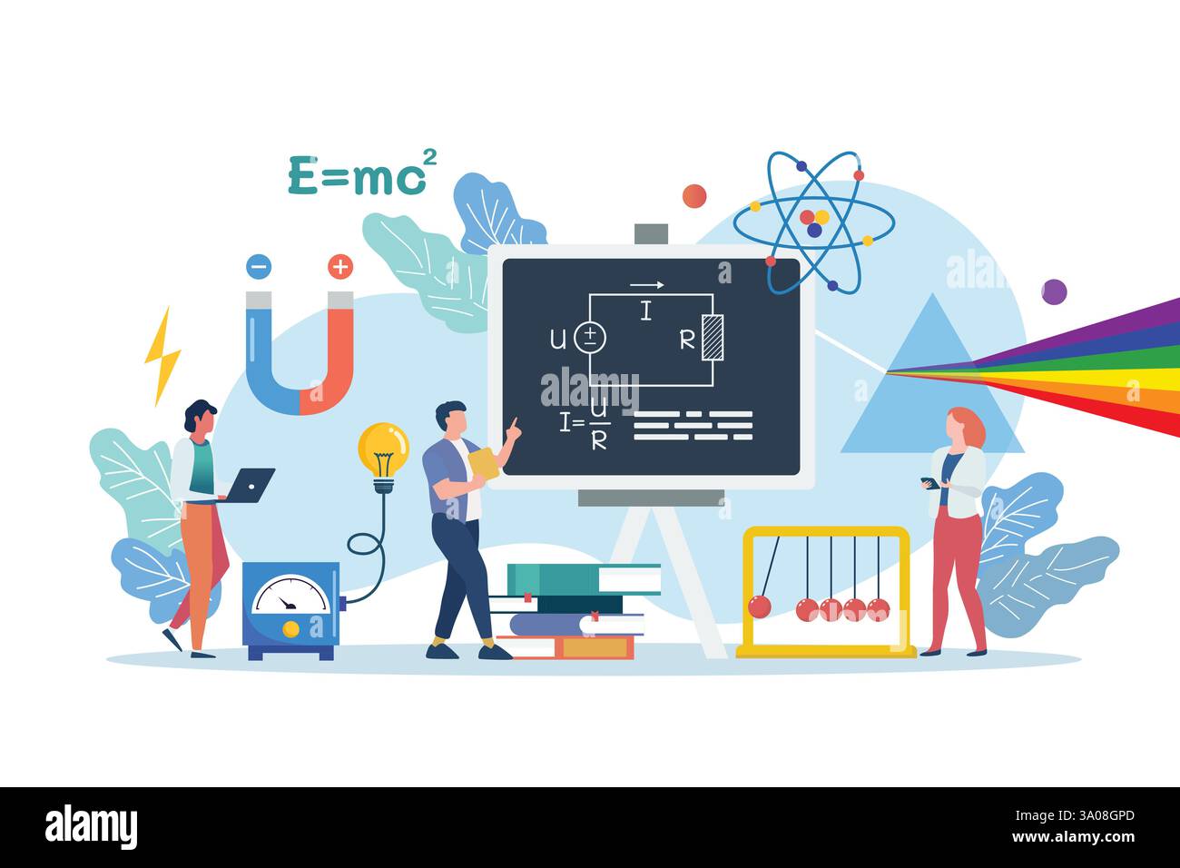 Science lab and school class. Physics scene with miniature people ...