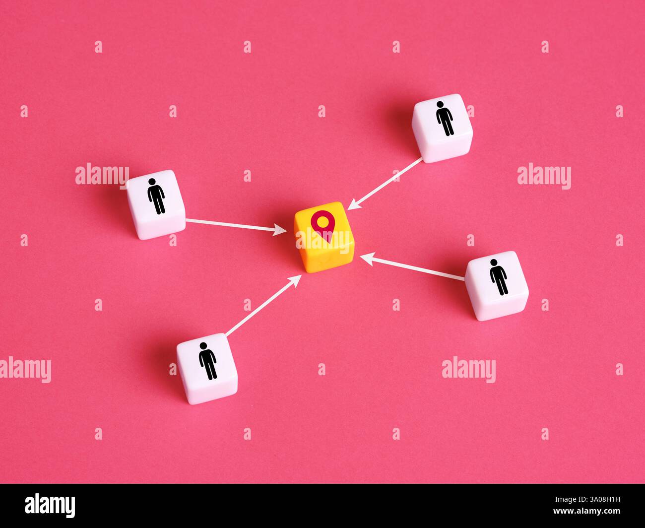 Cubes with people icons converging to a central cube with location icon ...