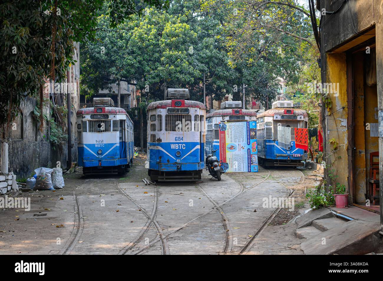 Old trams parked at a tram depot in Kolkata, West Bengal, India on ...
