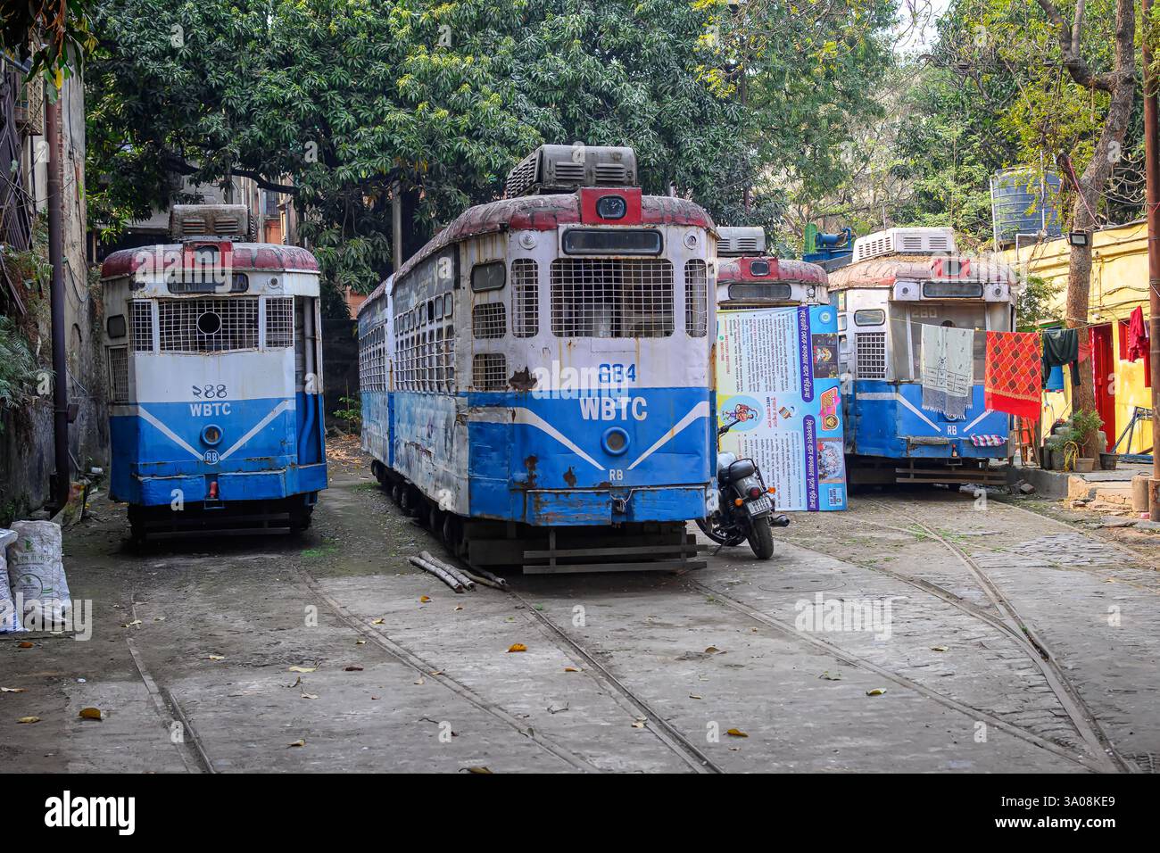 Old trams parked at a tram depot in Kolkata, West Bengal, India on ...