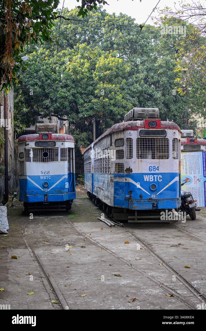Old trams parked at a tram depot in Kolkata, West Bengal, India on ...