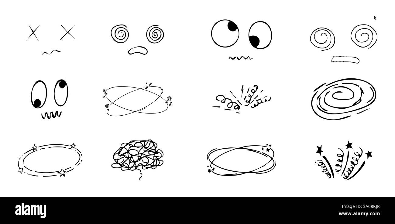Dizzy effect, headache, sick drawing doodle comic set. dizziness faces ...