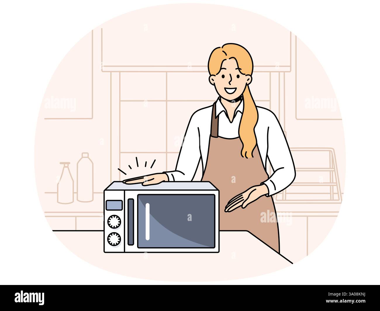 Woman cook demonstrates new microwave oven for heating cold food and ...