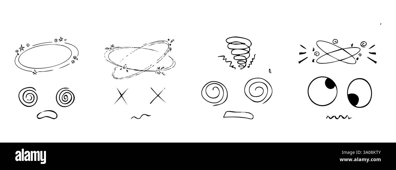 Dizzy effect, headache, sick drawing doodle comic set. dizziness faces ...