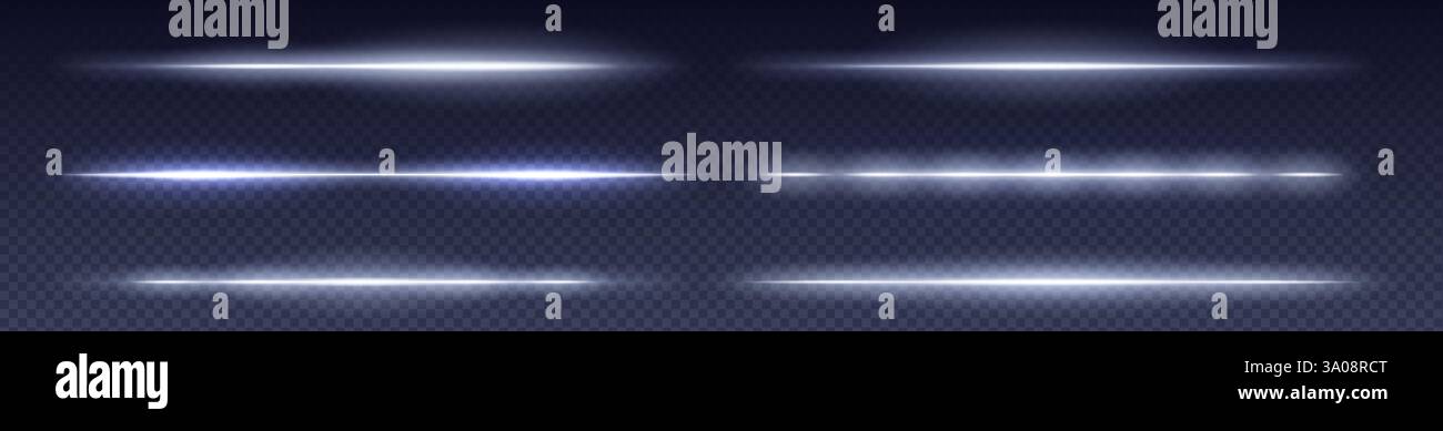 White neon laser beam set on transparent dark blue background ...