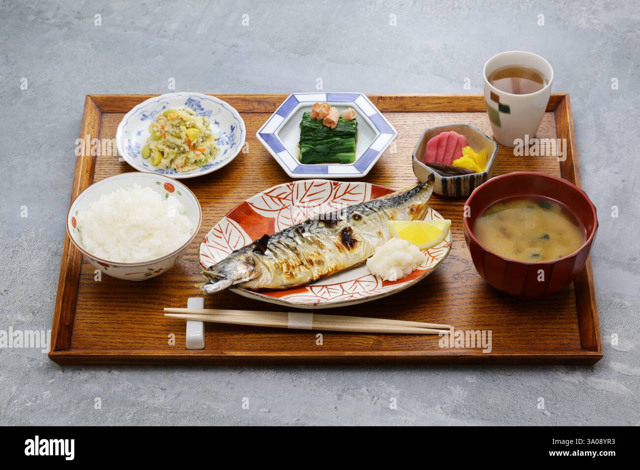 Japanese grilled fish set meal, soup and three dishes including dried ...