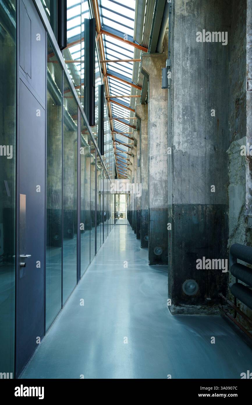 Long empty narrow corridor in university Stock Photo - Alamy