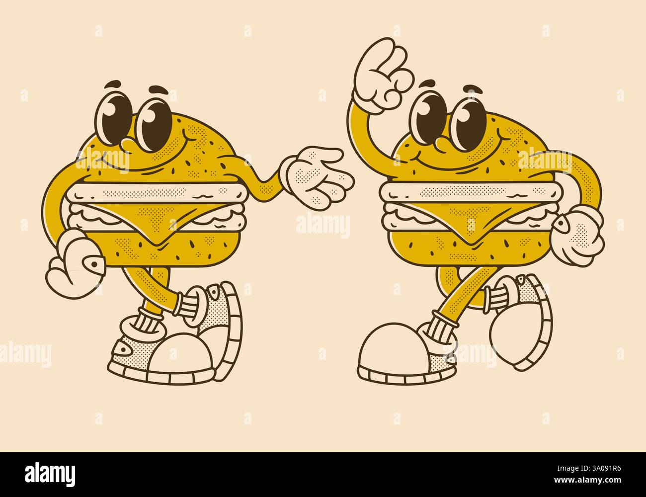 Happy burger mascot character with two pose, in retro vintage colors ...