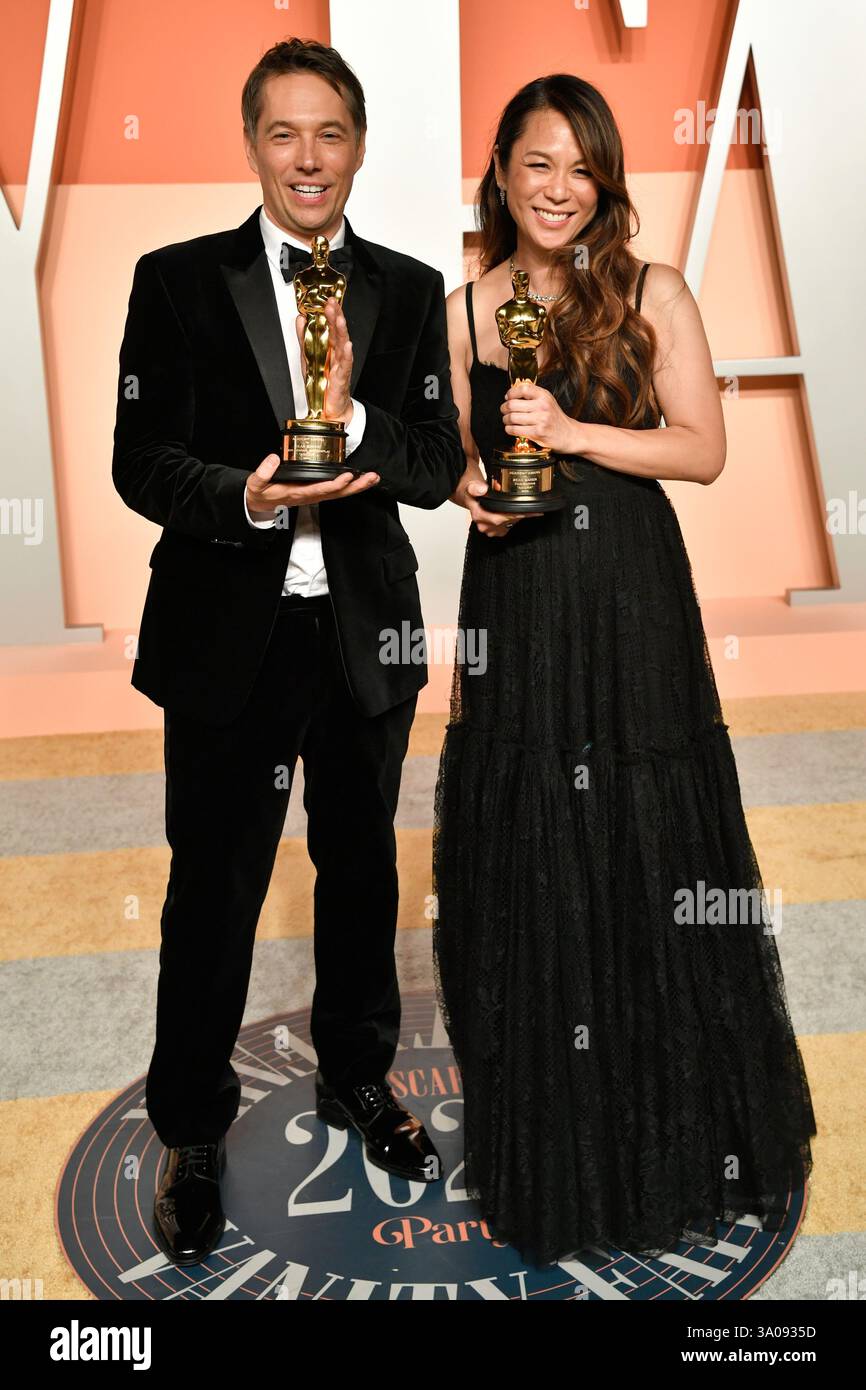 Sean Baker and Samantha Quan arrive at the Vanity Fair Oscar Party on Sunday, March 2, 2025, at ...