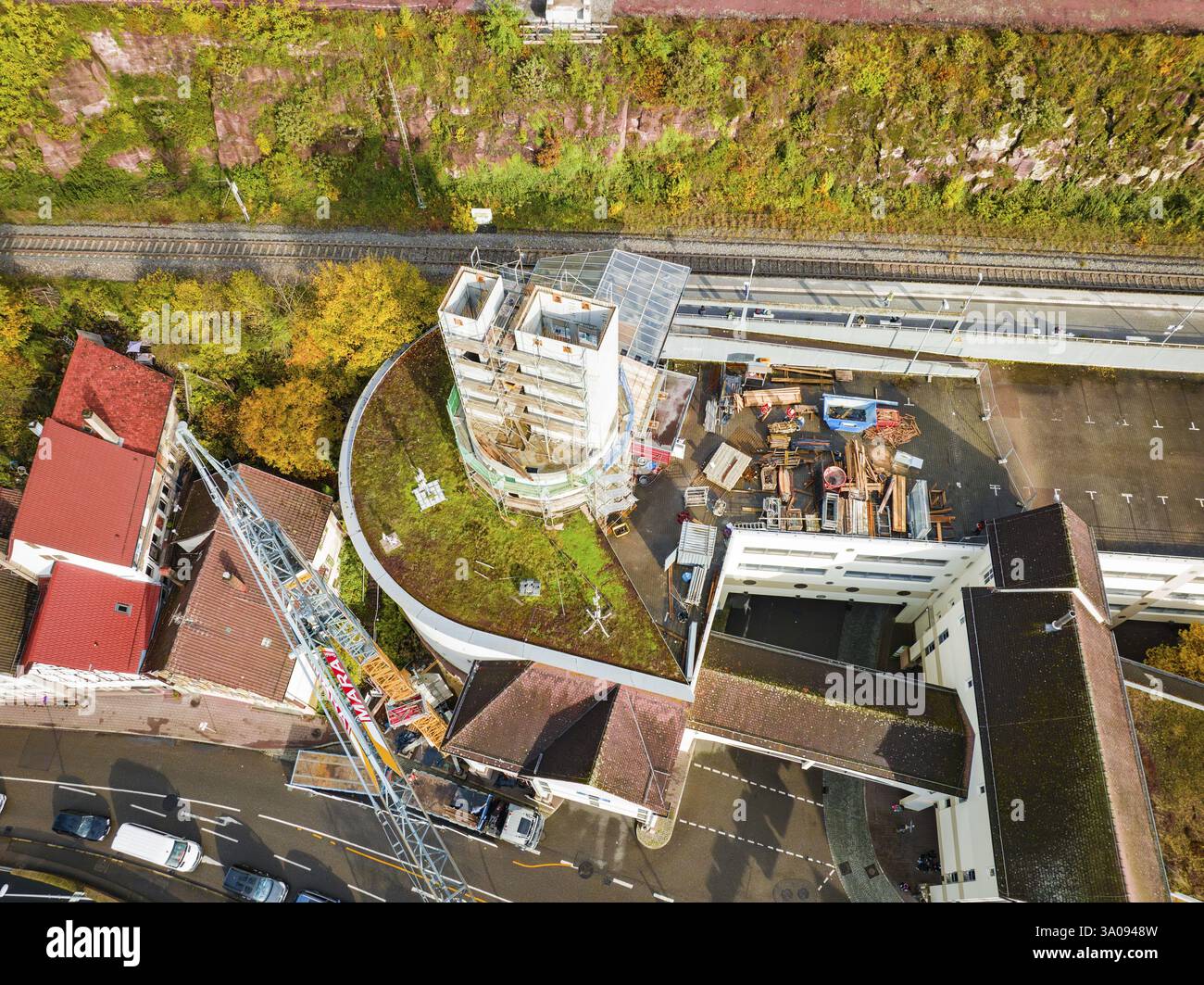 Aerial photo of a construction project with a concrete tower and ...