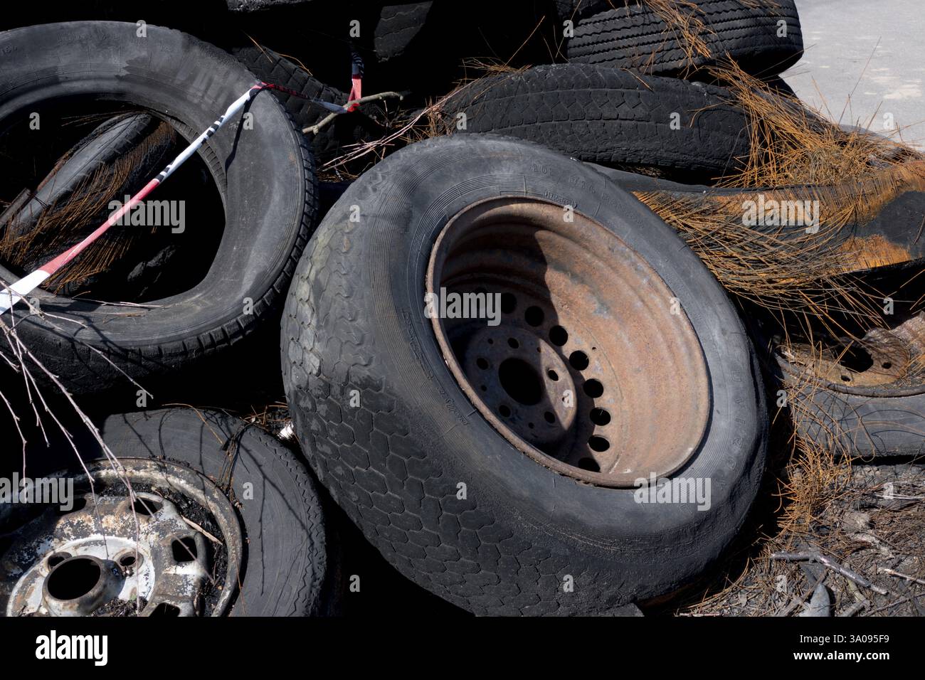 Old car tyres, recycling, recyclables, illegal waste disposal Stock ...