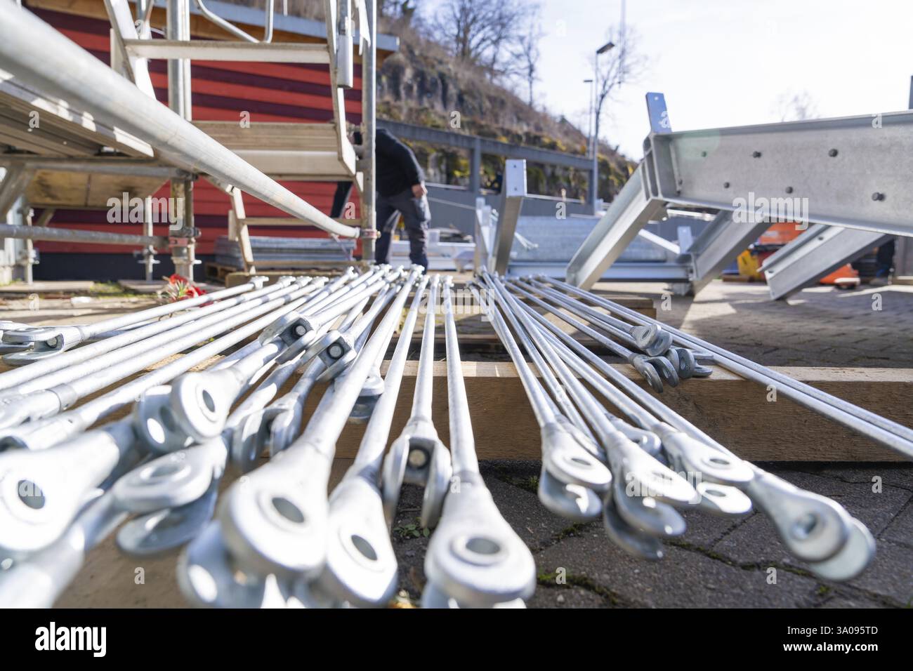 Close-up of metallic building materials on a construction site ...