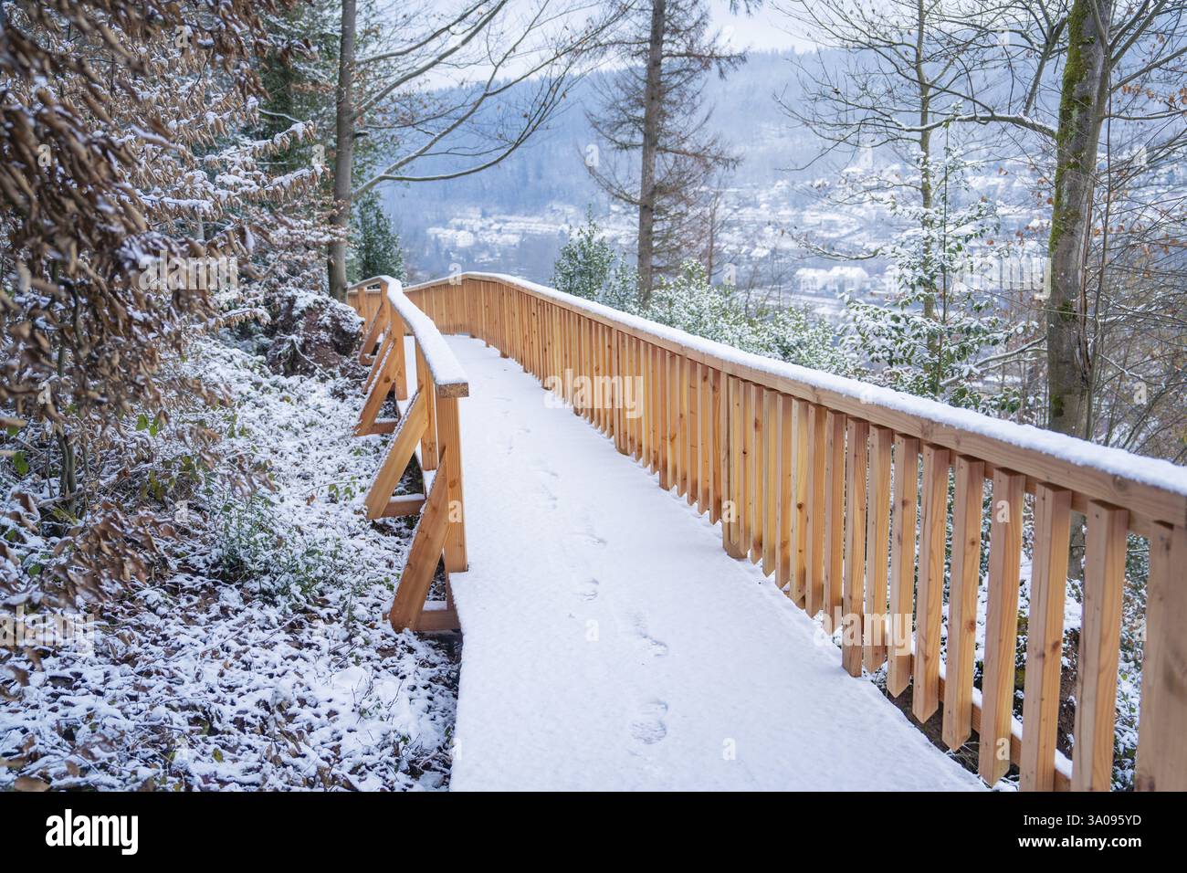 Snow-covered walkway with wooden railings through a forest landscape ...