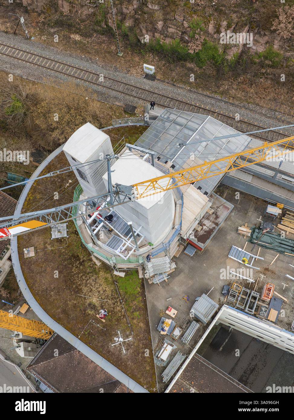 Aerial view of a construction site with a crane during the construction ...