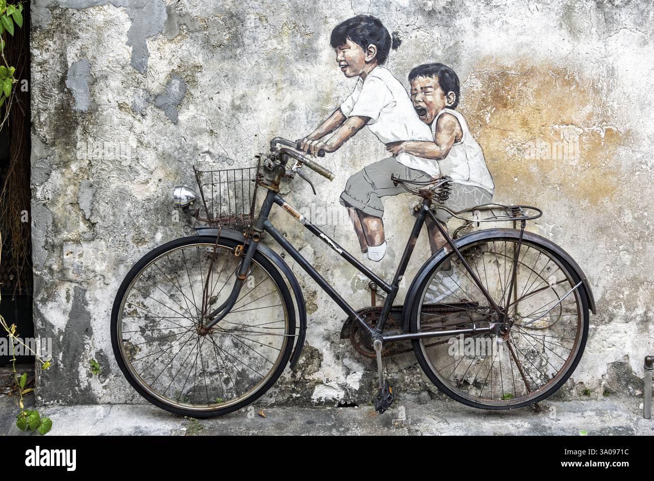 Mural with children on a bicycle, street art, George Town, Penang, Malaysia, Southeast Asia ...