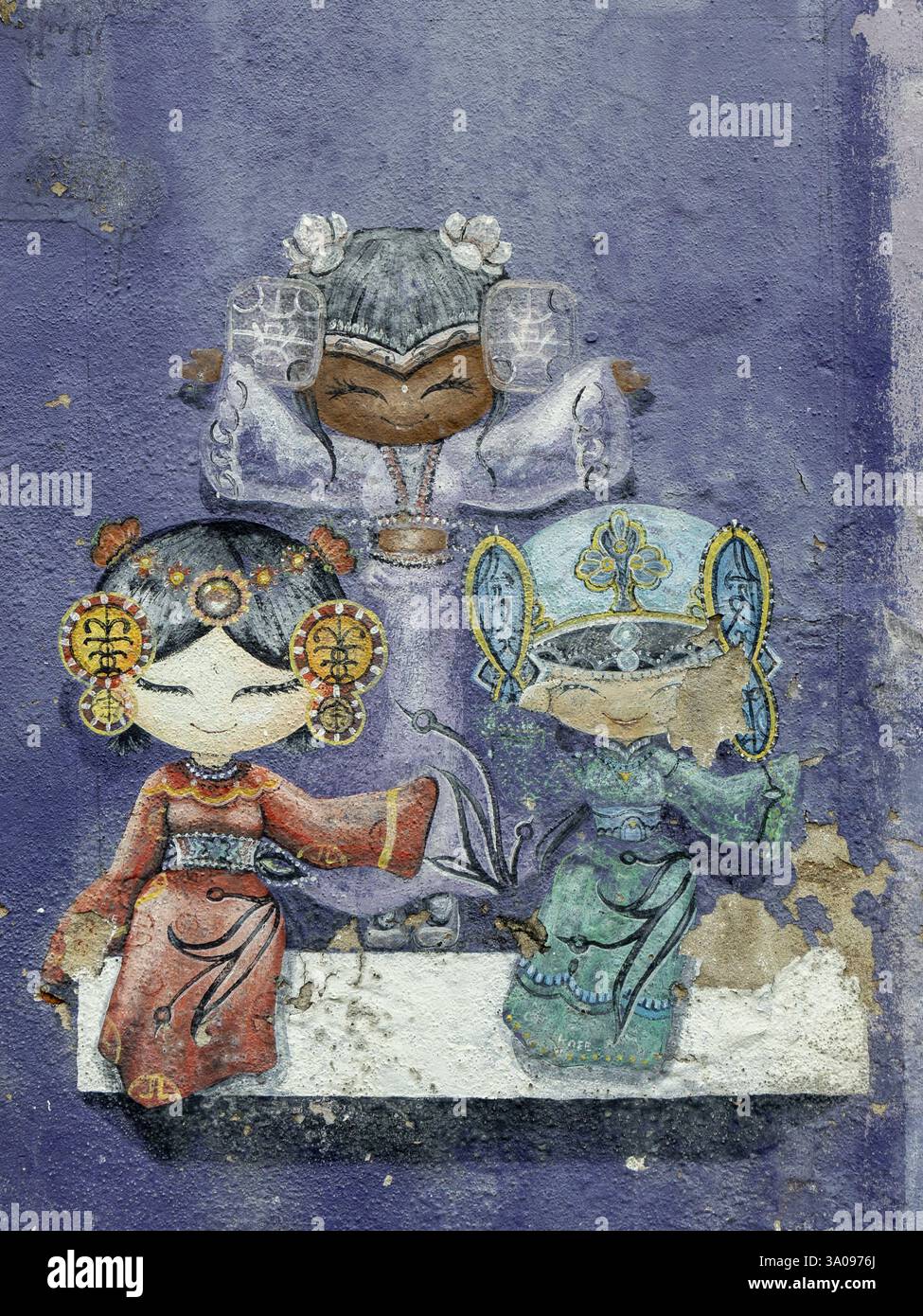 Mural with traditionally dressed children, street art, street art, George Town, Georgetown ...