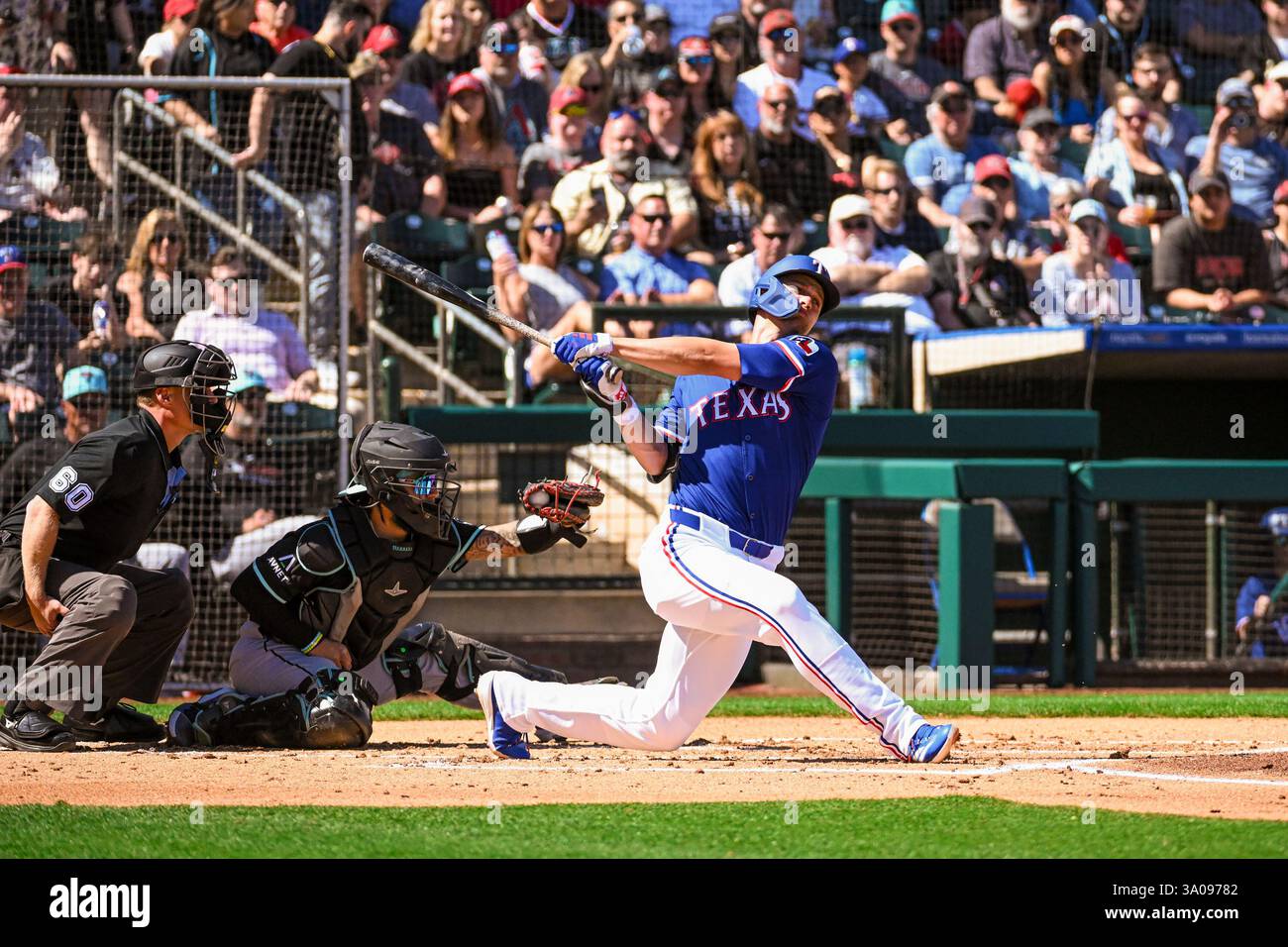 Texas Rangers shortstop Corey Seager (5) flys out to left field in the first inning of an MLB ...